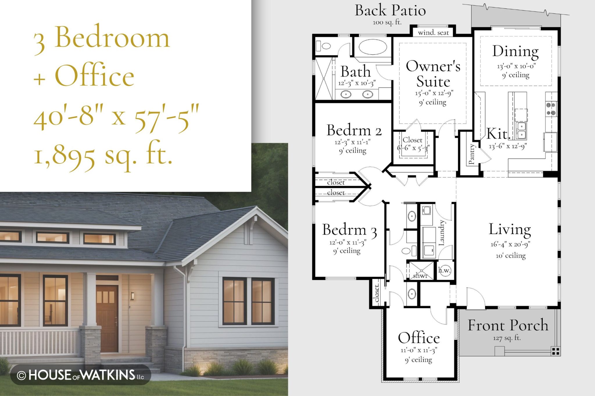 3 Bedroom Craftsman House Plan w Office and Detached Garage
