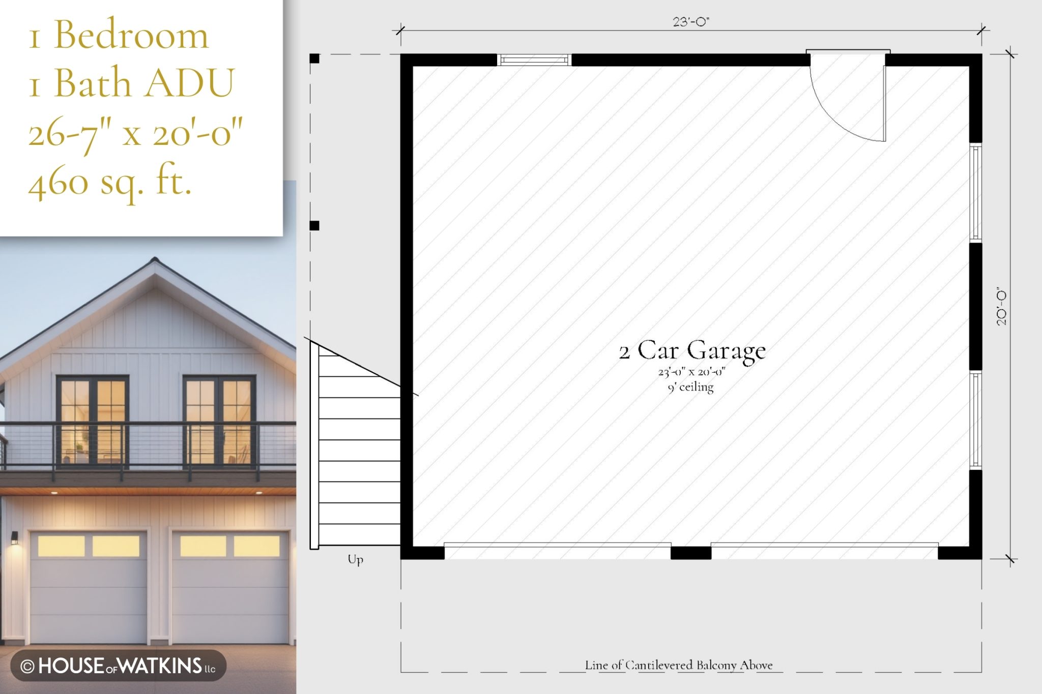 1 Bedroom ADU Over 2-Car Garage | House Plan under 500 sq ft