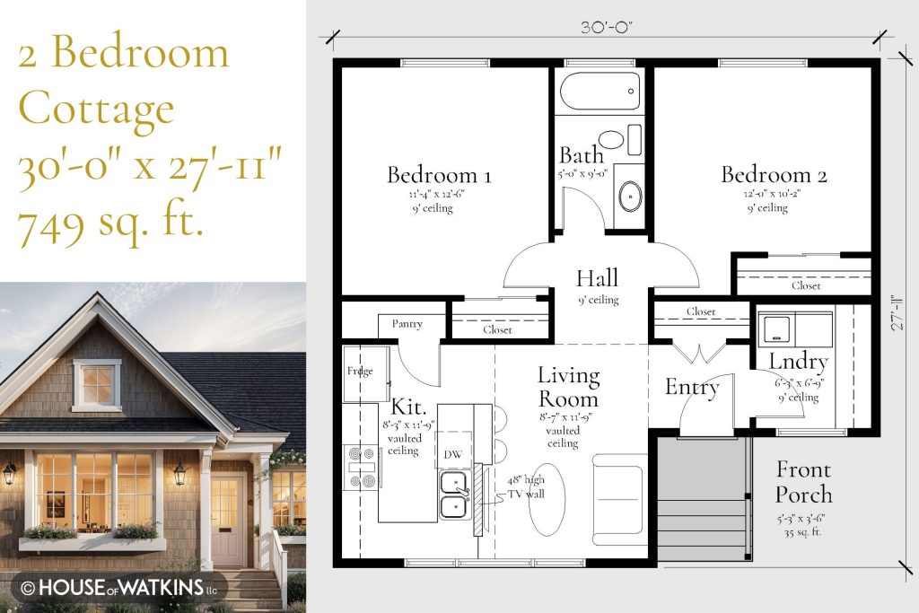 2 Bedroom Cottage house plan under 750 sq ft with front porch
